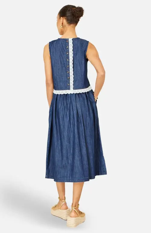 YUMI Denim Chambray Gathered Midi Skirt