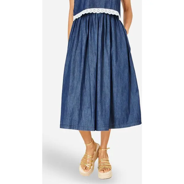 YUMI Denim Chambray Gathered Midi Skirt - Blue