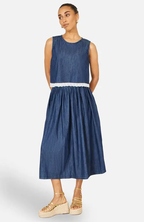 YUMI Denim Chambray Gathered Midi Skirt