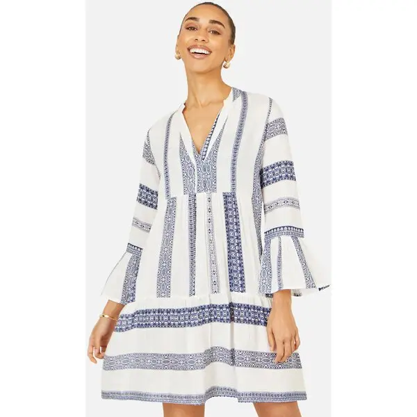 YUMI Printed Cotton Tunic Dress - Blue