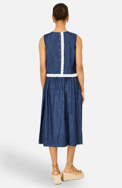 YUMI Cotton Chambray Lace Trim Top