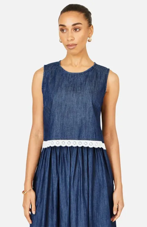 YUMI Cotton Chambray Lace Trim Sleeveless Top - Blue