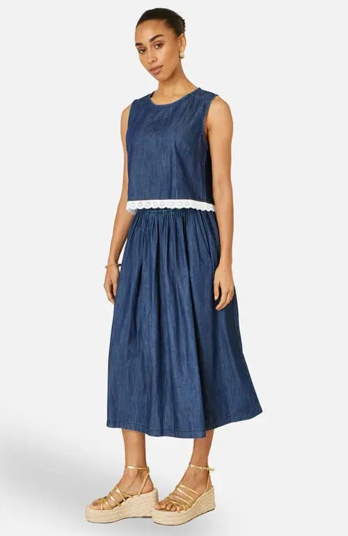YUMI Cotton Chambray Lace Trim Sleeveless Top