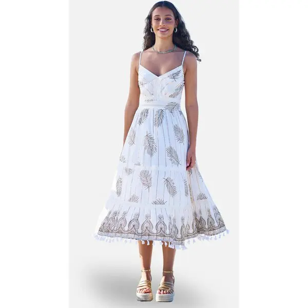 YUMI Foil Print Lace Trim Midi Sundress - Ivory