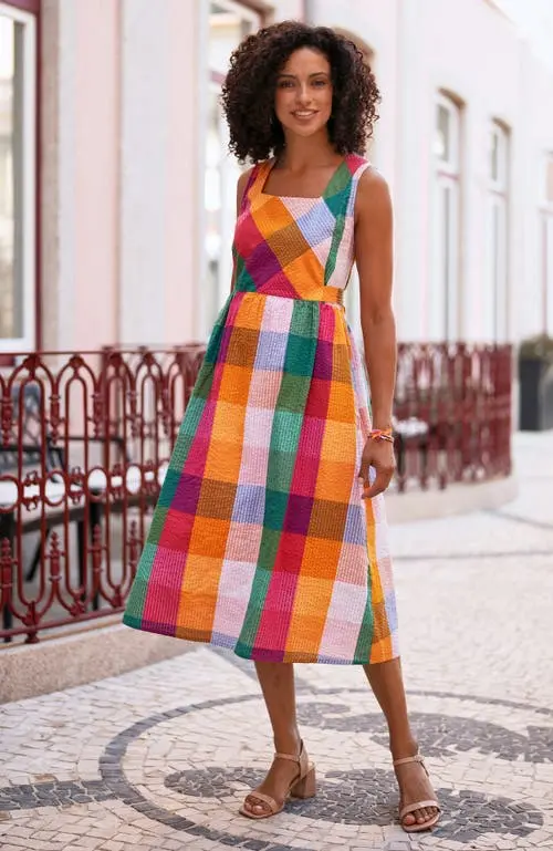 YUMI Seersucker Cotton Midi Sun Dress