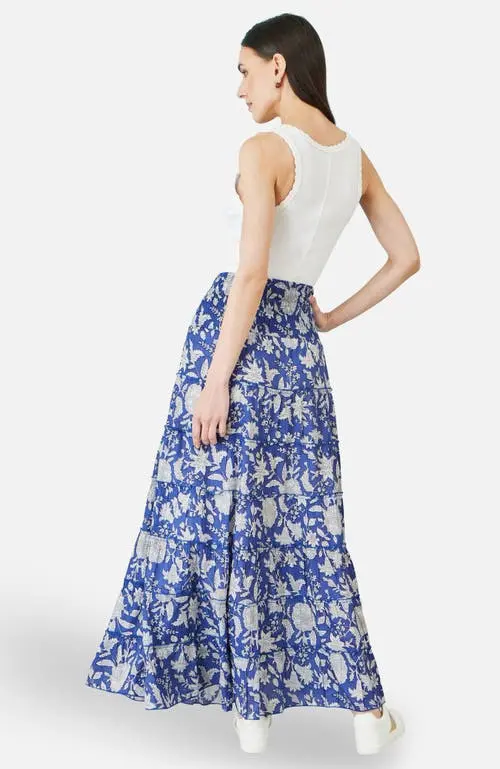 YUMI Floral Cotton Tiered Maxi Skirt