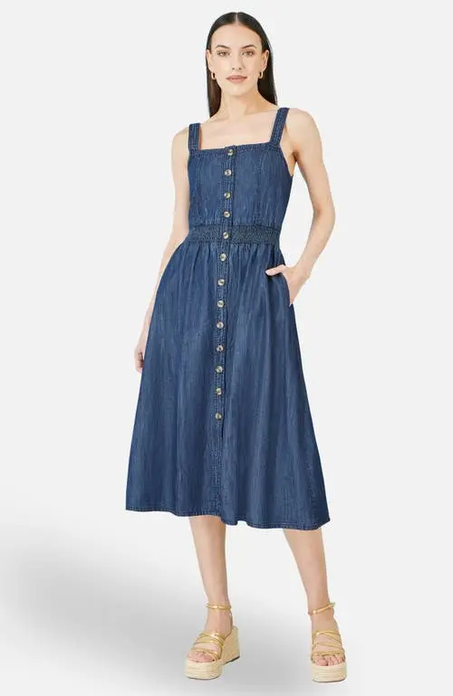 YUMI Chambray Cotton Ruched Midi Sun Dress