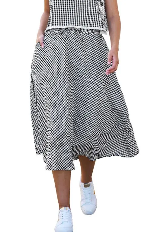 YUMI Gingham Cotton Midi Skirt