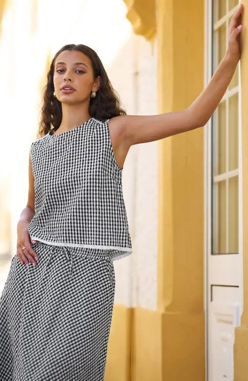 YUMI Gingham Cotton Midi Skirt