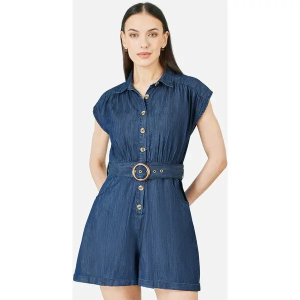 YUMI Chambray Cotton Playsuit - Blue