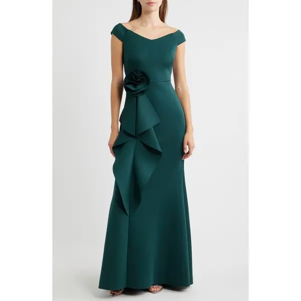 Eliza J Off-the-shoulder Trumpet Gown With Rosette Detail - Hunter