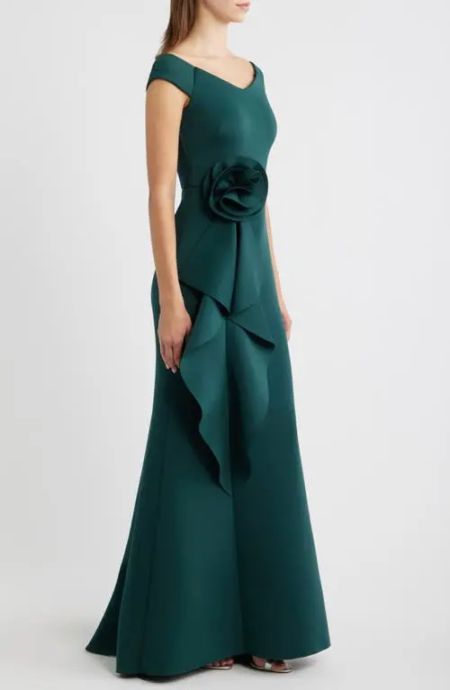 eliza j hunter green dress Eliza J Off-The-Shoulder Trumpet Gown With Rosette Detail - Hunter