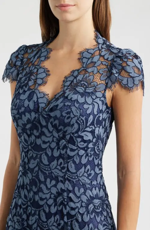 illusion yoke lace dress Eliza J Illusion Yoke Lace Trumpet Gown - Denim