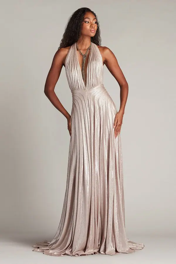 Tadashi Shoji Pleated Metallic Halter Gown - Pebble