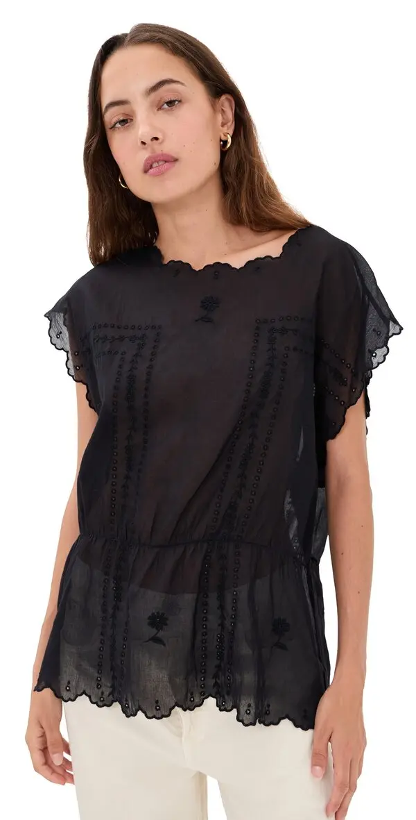 The Great. The Scalloped Eyelet Tunic - Black