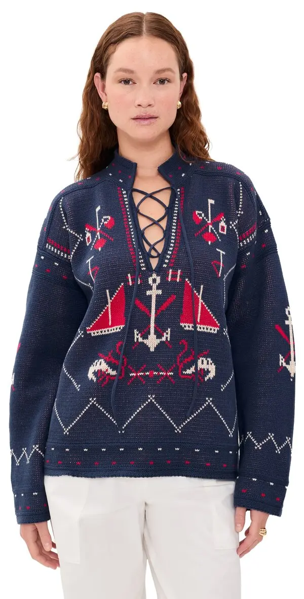 The Great. The Fisherman Lace Up Pullover - Navy