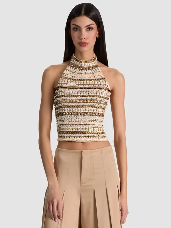 Alice + Olivia Gatz Linen Embellished Top - Oatmeal/multi