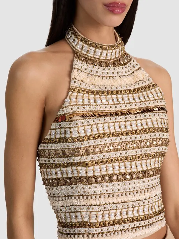 Alice + Olivia Gatz Linen Embellished Top