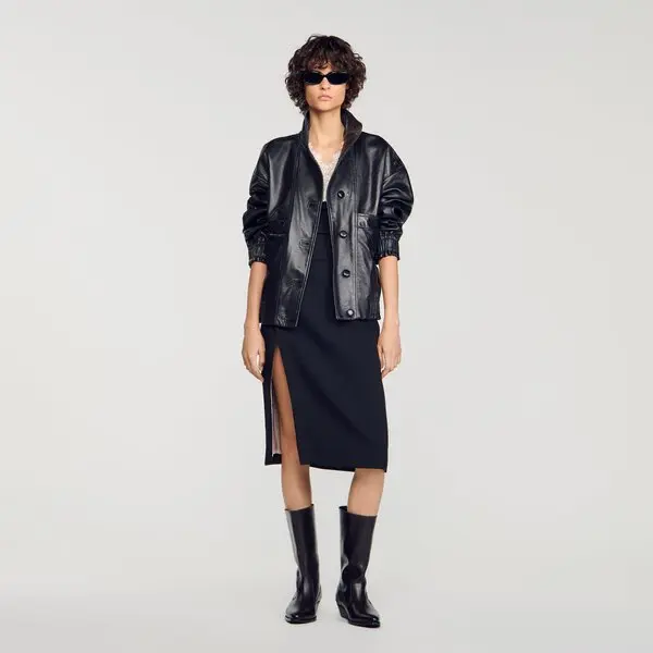 Sandro Oversized Leather Jacket With Cut-out Detail