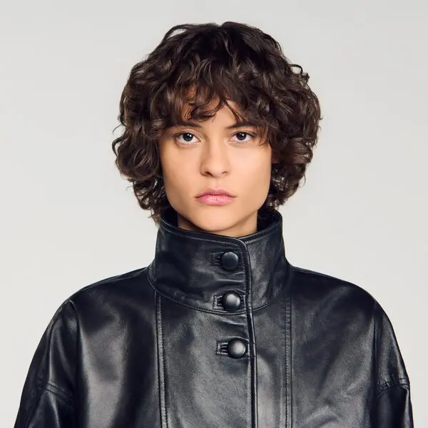 Sandro Oversized Leather Jacket With Cut-out Detail