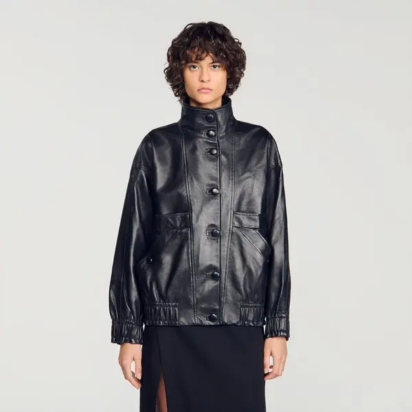 Sandro Oversized Leather Jacket With Cut-out Detail