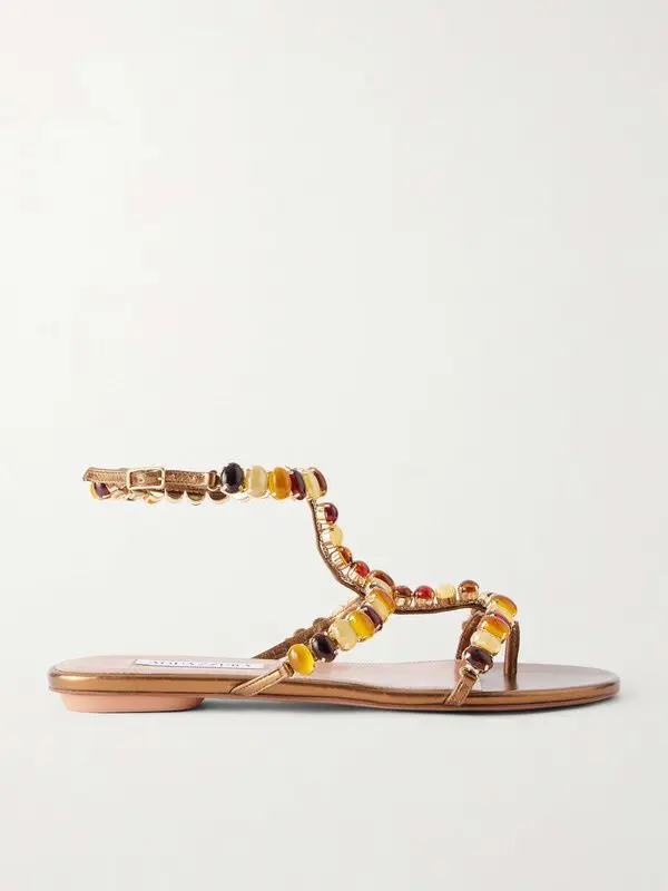 AQUAZZURA Mystic Stone Embellished Leather Sandals - Bronze