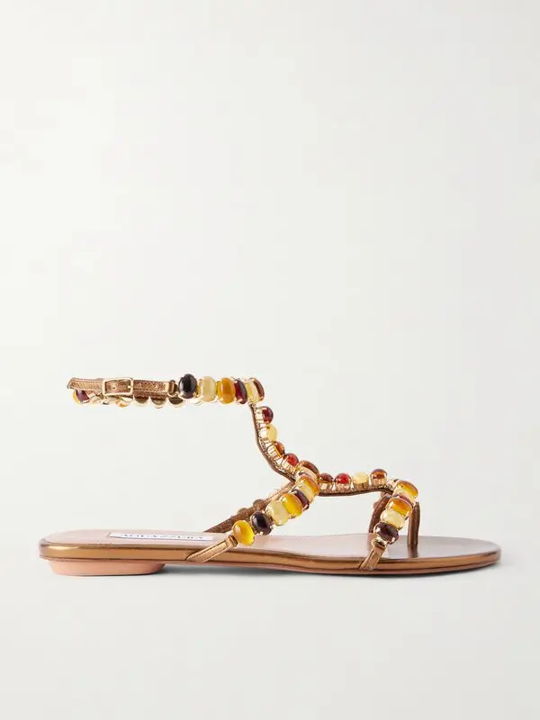AQUAZZURA Mystic Stone Embellished Leather Sandals - Metallic