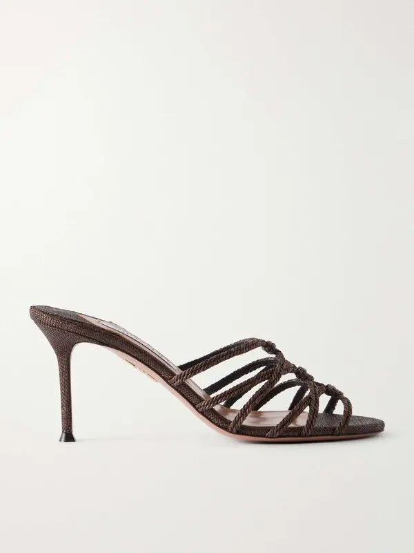 AQUAZZURA Luna Rope 75 Raffia-trimmed Cord Mules - Chocolate