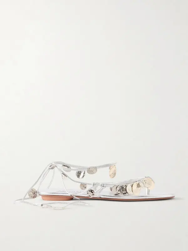 AQUAZZURA Florin Embellished Leather Thong Sandals - Silver