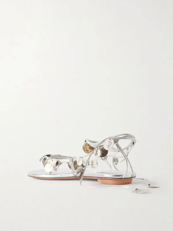 AQUAZZURA Florin Embellished Leather Thong Sandals - Silver