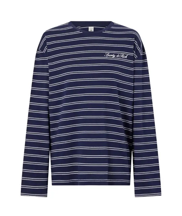 Sporty & Rich Logo Embroidered Striped Long Sleeve Top - Blue