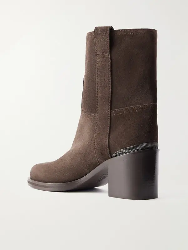 Brunello Cucinelli Bead-embellished Suede Ankle Boots - Brown