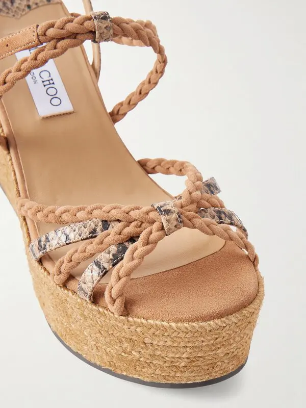 JIMMY CHOO Nyra 100 Braided Snake-effect Leather And Suede Wedge Sandals
