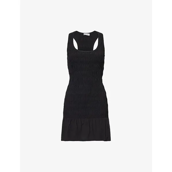 PEACHY DEN Deba Shirred Cotton-blend Mini Dress - Onyx