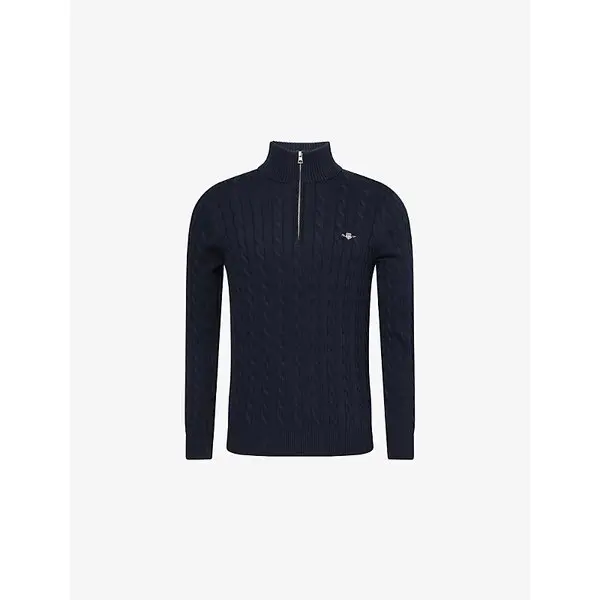 Gant Logo-embroidered Cable Half-zip Cotton Jumper - Evening Blue