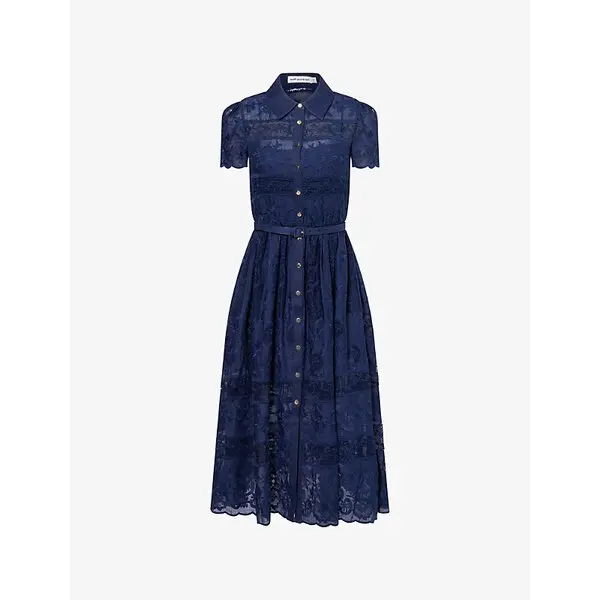 SELF-PORTRAIT Ramie Collared Lace Woven Midi Dress - Navy