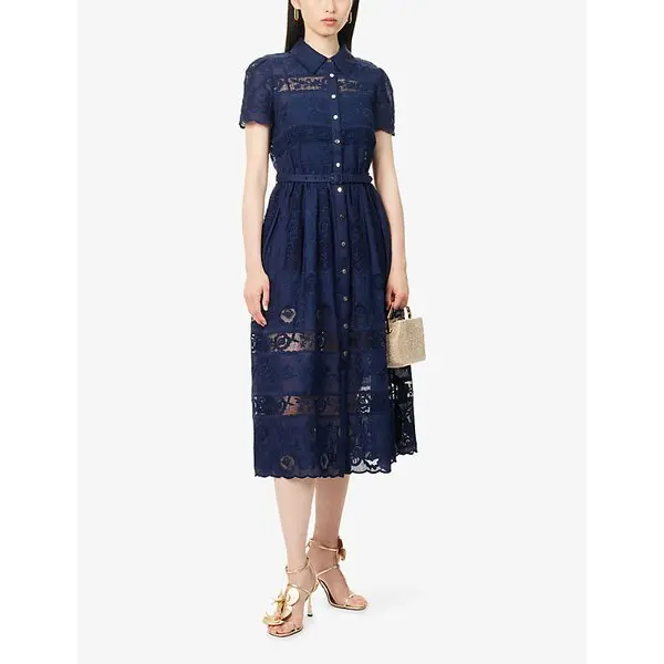 SELF-PORTRAIT Ramie Collared Lace Embroidered Midi Dress - Navy