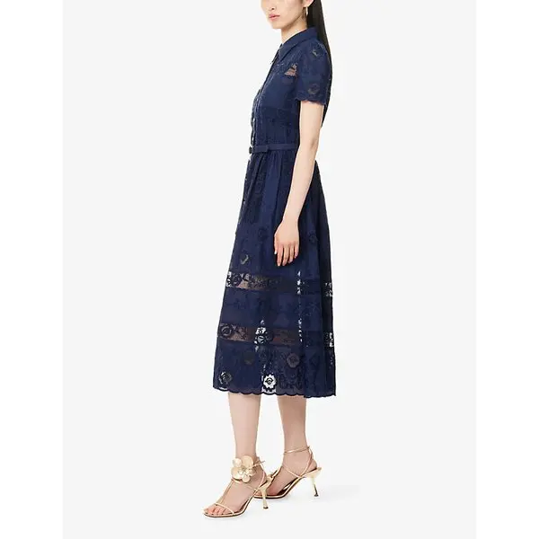 SELF-PORTRAIT Ramie Collared Lace Embroidered Midi Dress - Navy