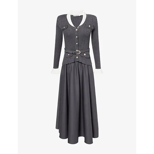 SELF-PORTRAIT Belted Ribbed-knit Midi Dress - Grey