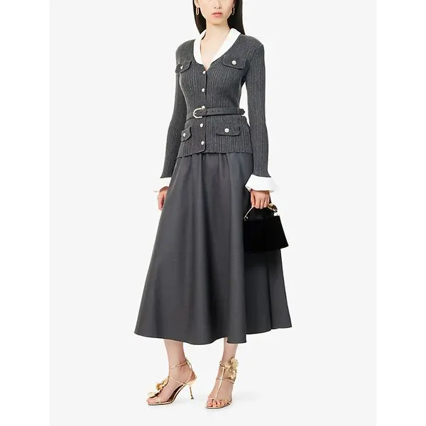 SELF-PORTRAIT Belted Ribbed-knit Midi Dress
