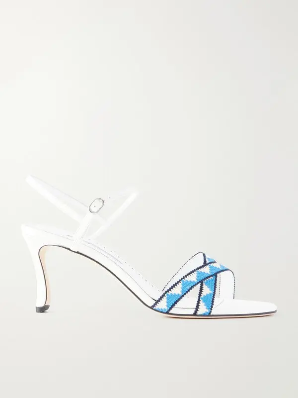 Manolo Blahnik Popeyana Leather-trimmed Woven Stiletto Sandals - White