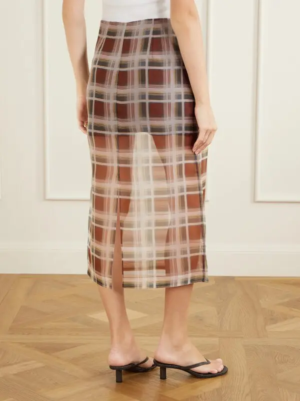 FRAME Checked Silk-organza Midi Skirt - Brown