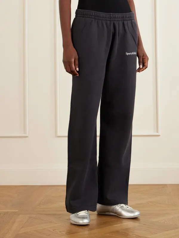 Sporty & Rich Logo-embroidered Cotton Wide-leg Pants - Black