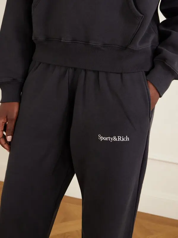 Sporty & Rich Logo-embroidered Cotton Wide-leg Pants - Black