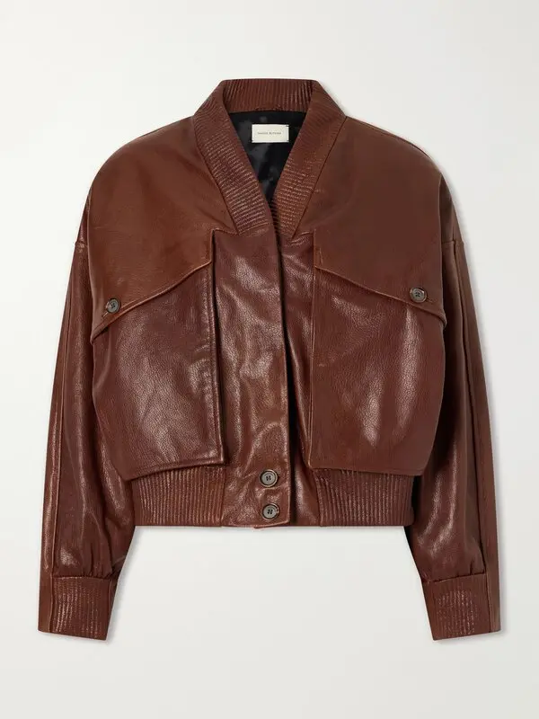 Magda Butrym Cropped Leather Bomber Jacket With Ribbed Trims - Brown