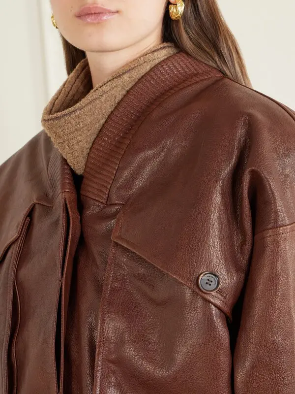 Magda Butrym Cropped Leather Bomber Jacket With Ribbed Trims - Brown