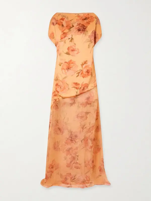 DIMA AYAD Floral Print Chiffon Trimmed Satin Gown - Orange