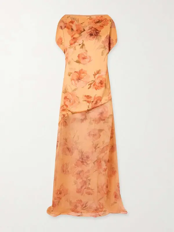 DIMA AYAD Floral-print Chiffon-trimmed Satin Gown