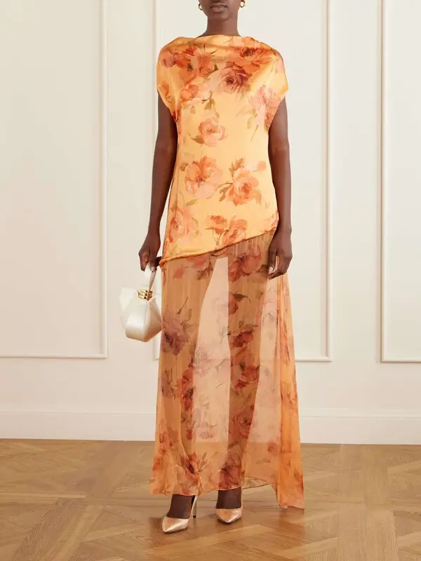 DIMA AYAD Floral-print Chiffon-trimmed Satin Gown