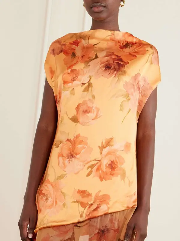 DIMA AYAD Floral-print Chiffon-trimmed Satin Gown